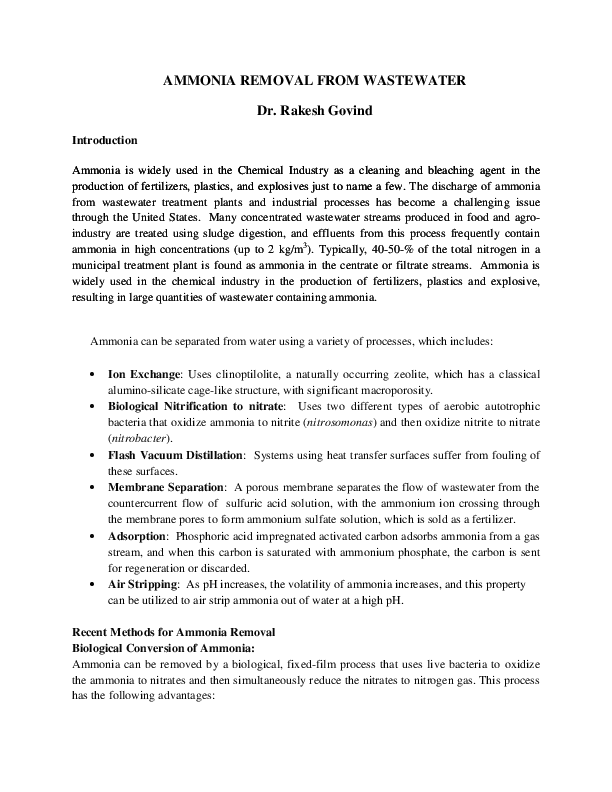 (PDF) AMMONIA REMOVAL FROM WASTEWATER