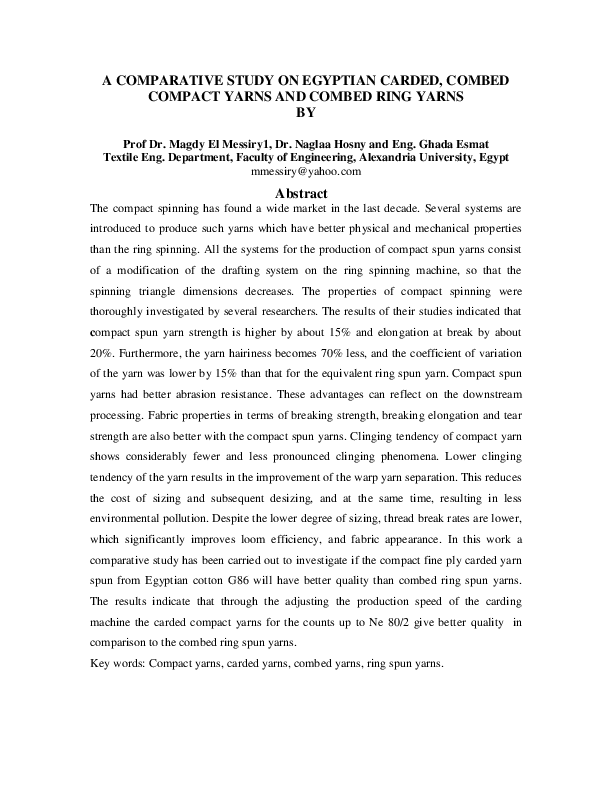 (PDF) A COMPARATIVE STUDY ON EGYPTIAN CARDED, COMBED COMPACT YARNS AND ...