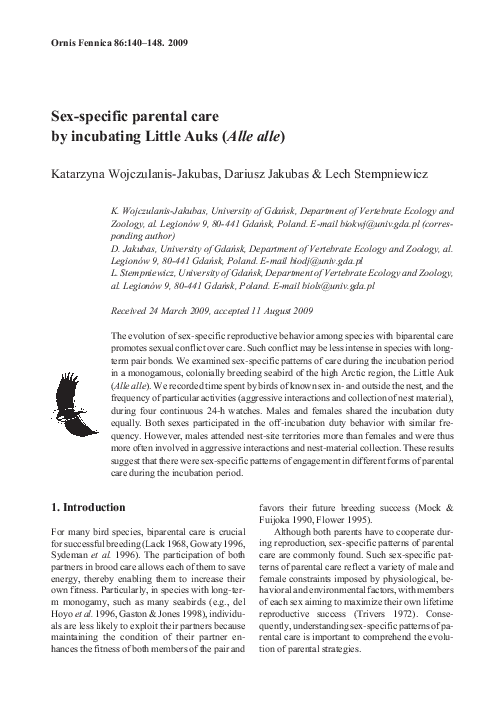 (PDF) Sex-specific parental care by incubating Little auks
