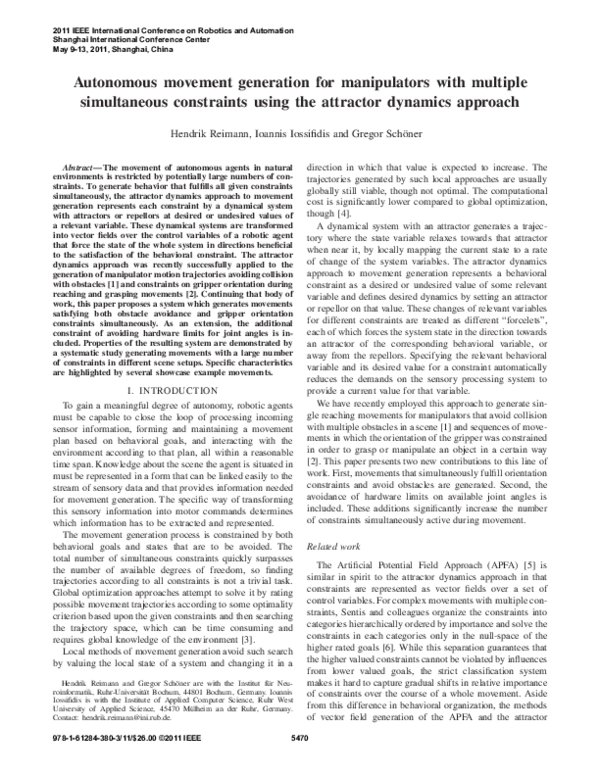 Pdf Autonomous Movement Generation For Manipulators With Multiple Simultaneous Constraints