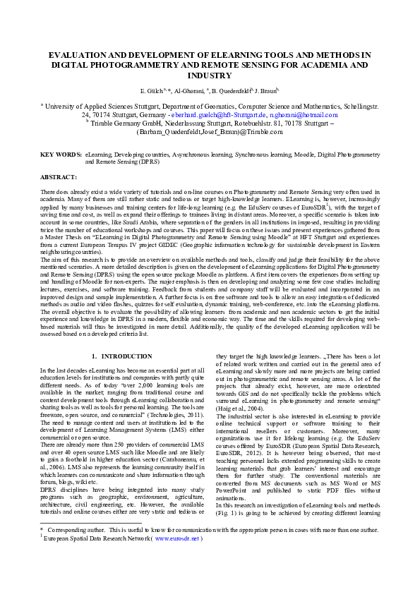 (PDF) EVALUATION AND DEVELOPMENT OF ELEARNING TOOLS AND METHODS IN DIGITAL PHOTOGRAMMETRY AND ...