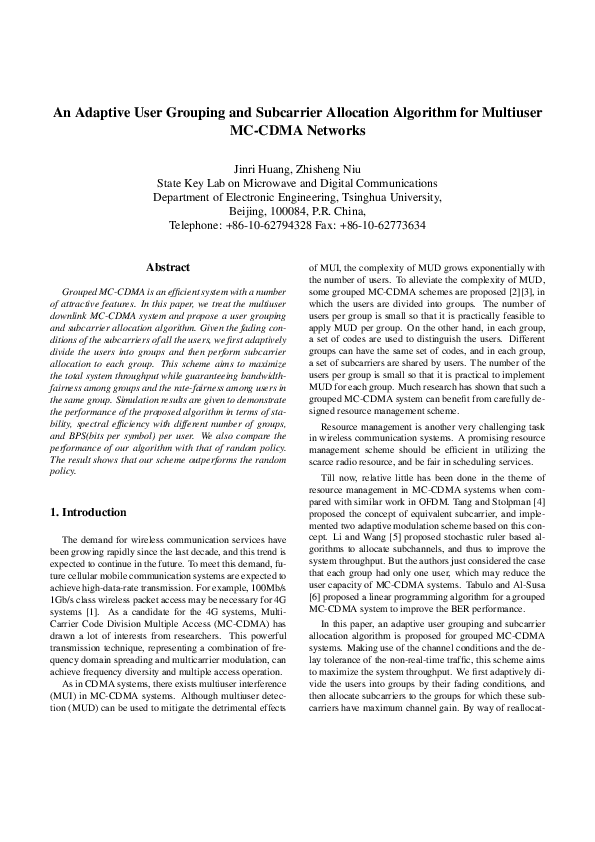 Pdf Adaptive User Grouping In Mc Cdma Networks
