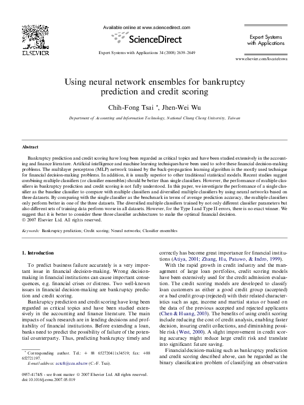 Pdf Using Neural Network Ensembles For Bankruptcy Prediction And Credit Scoring