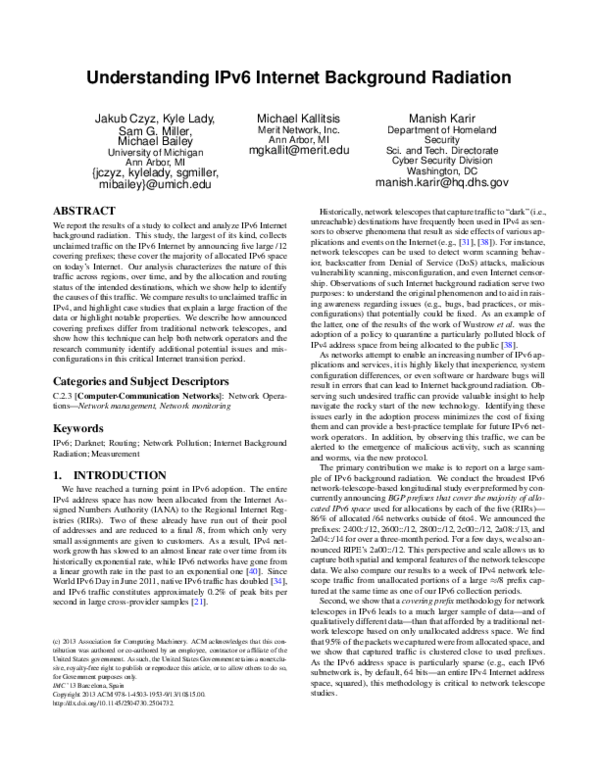 (PDF) Understanding IPv6 Internet Background Radiation