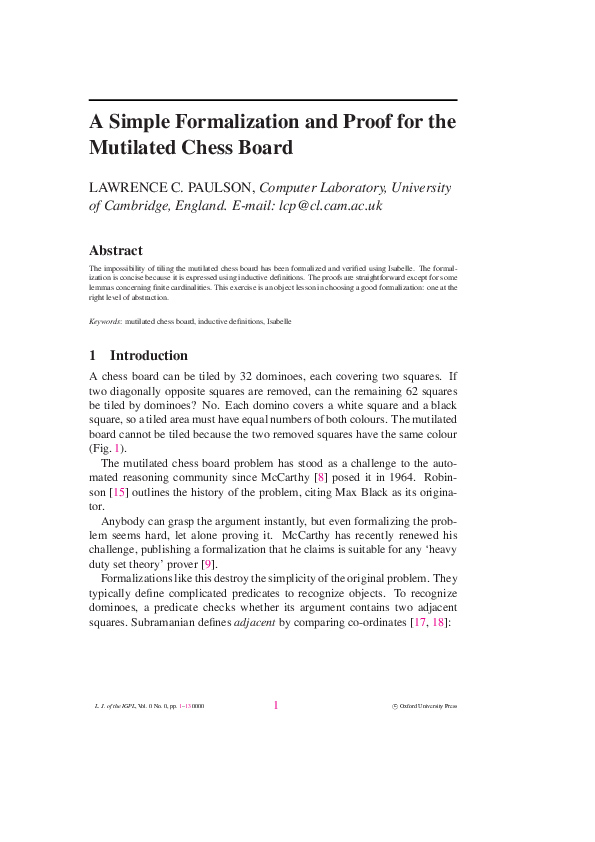 (PDF) A Simple Formalization and Proof for the Mutilated Chess Board