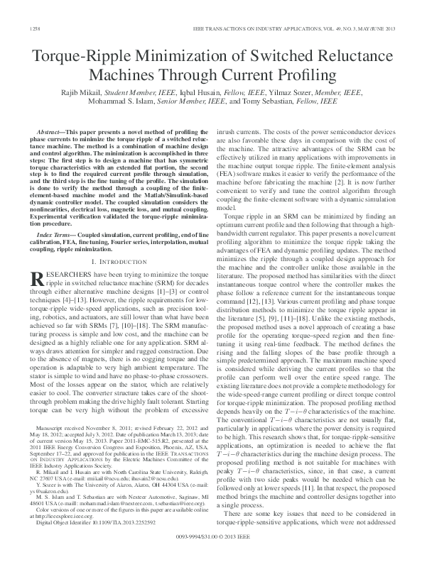 Pdf Torque Ripple Minimization Of Switched Reluctance Machines