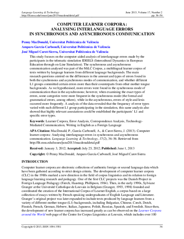 Pdf Computer Learner Corpora Analysing Interlanguage Errors In Synchronous And Asynchronous