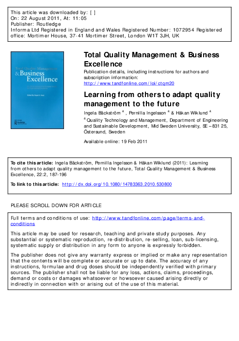 (PDF) Total Quality Management & Business Excellence Learning from ...