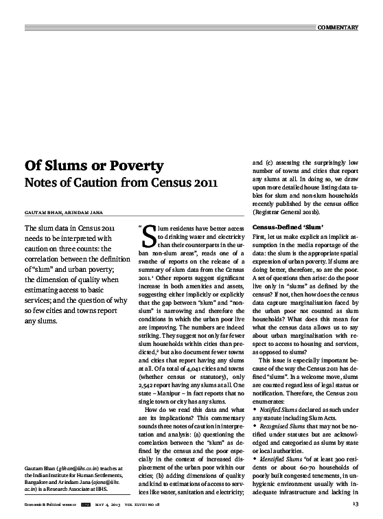 (PDF) Of Slums or Poverty?: Notes of Caution from the 2011 Census