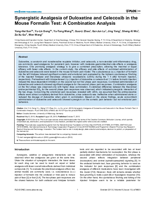 (PDF) Synergistic Analgesia of Duloxetine and Celecoxib in the Mouse ...