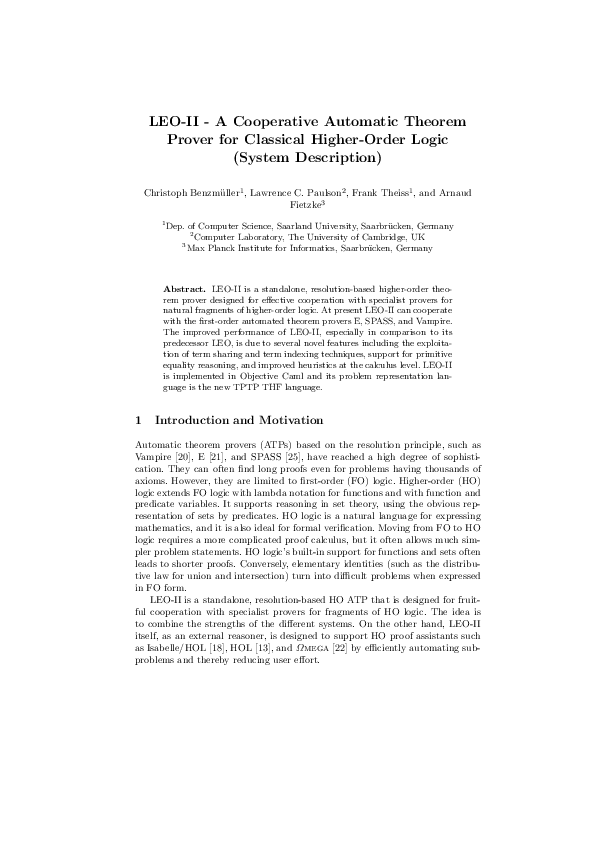 (PDF) LEO-II — A Cooperative Automatic Theorem Prover for Classical Higher-Order Logic