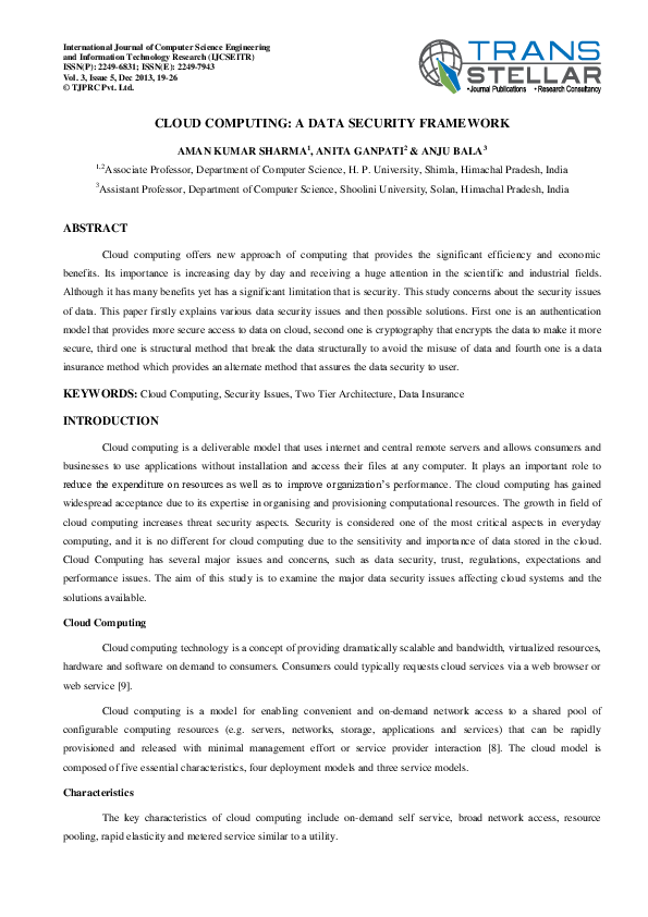 Pdf Cloud Computing A Data Security Framework Tjprc Publication