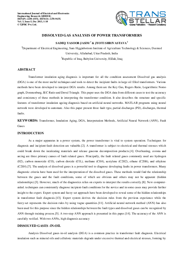 (PDF) Dissolved Gas Analysis of Power Transformers