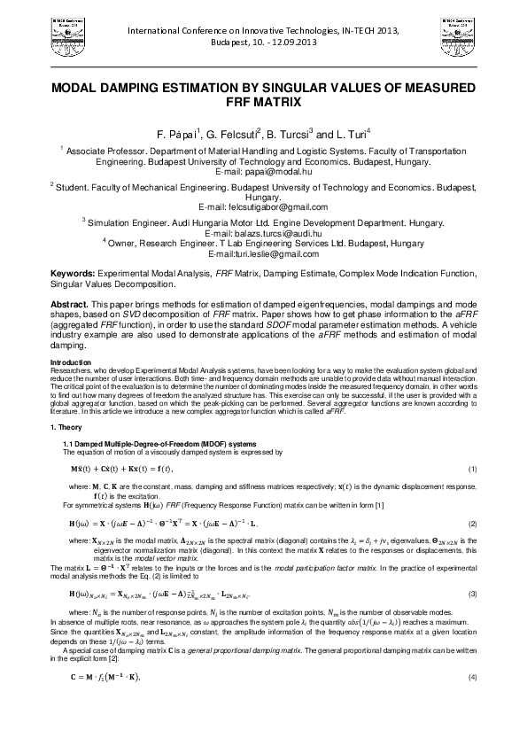 MODAL DAMPING ESTIMATION BY SINGULAR VALUES OF MEASURED FRF MATRIX