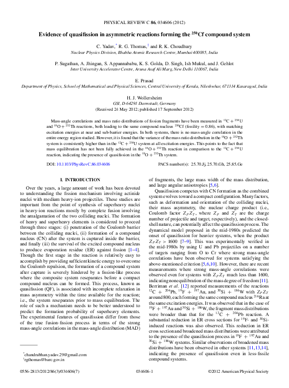 (PDF) Evidence of quasifission in asymmetric reactions forming the 250 ...