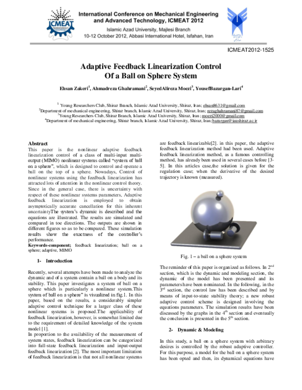 (PDF) Adaptive Feedback Linearization Control Of a Ball on Sphere System