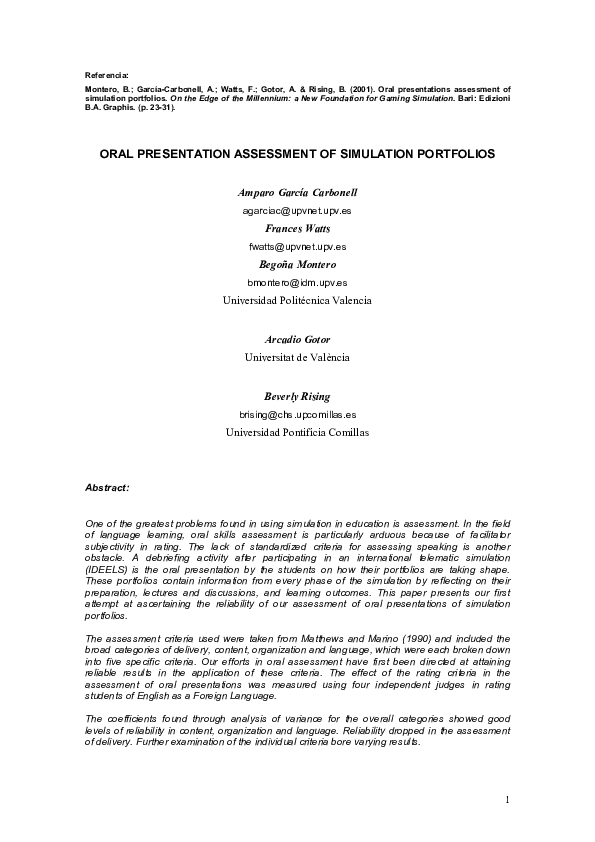 (PDF) Oral Presentation Assessment of Simulation Portfolios