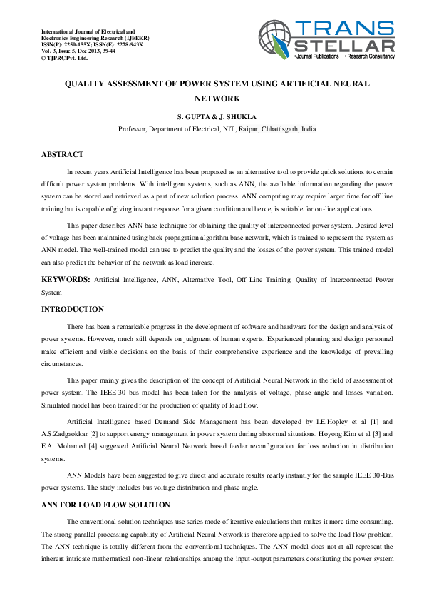 (PDF) Quality Assessment of Power System Using Artificial Neural Network