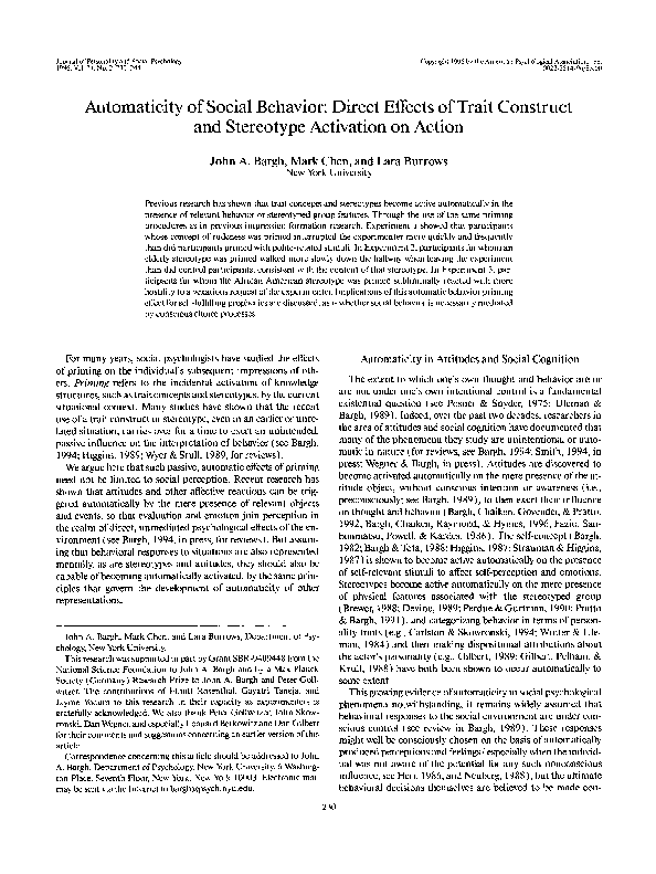 (PDF) Automaticity of Social Behavior: Direct Effects of Trait Construct and Stereotype ...