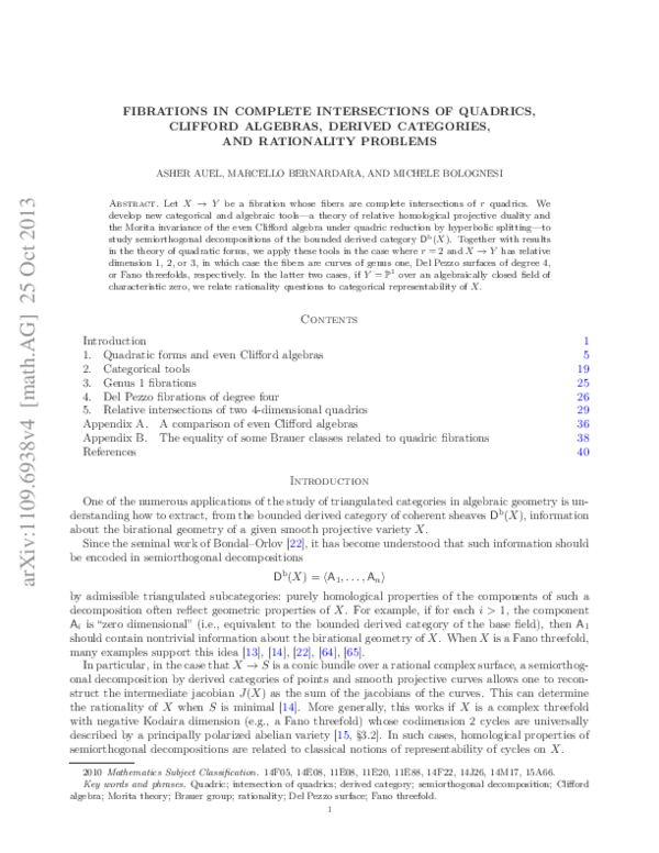 (PDF) Fibrations in complete intersections of quadrics, Clifford algebras, derived categories ...