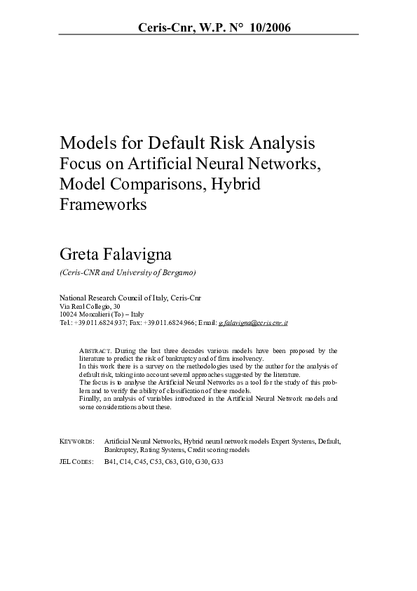 Pdf Models For Default Risk Analysis Focus On Artificial Neural Networks Model Comparisons