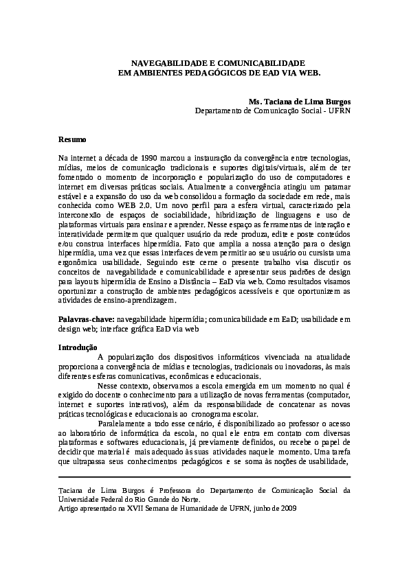 (PDF) NAVEGABILIDADE E COMUNICABILIDADE EM AMBIENTES PEDAGÓGICOS DE EAD ...