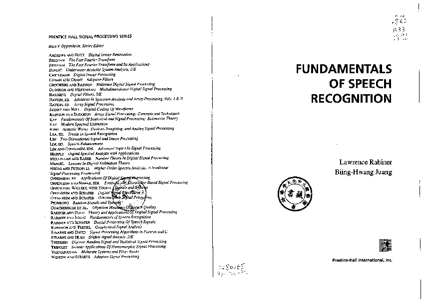 (PDF) Fundamental of Speech Recognition - (Lawrence Rabiner - Biing ...
