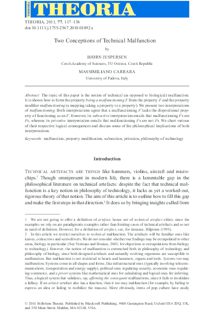 (PDF) Two Conceptions of Technical Malfunction (Theoria)