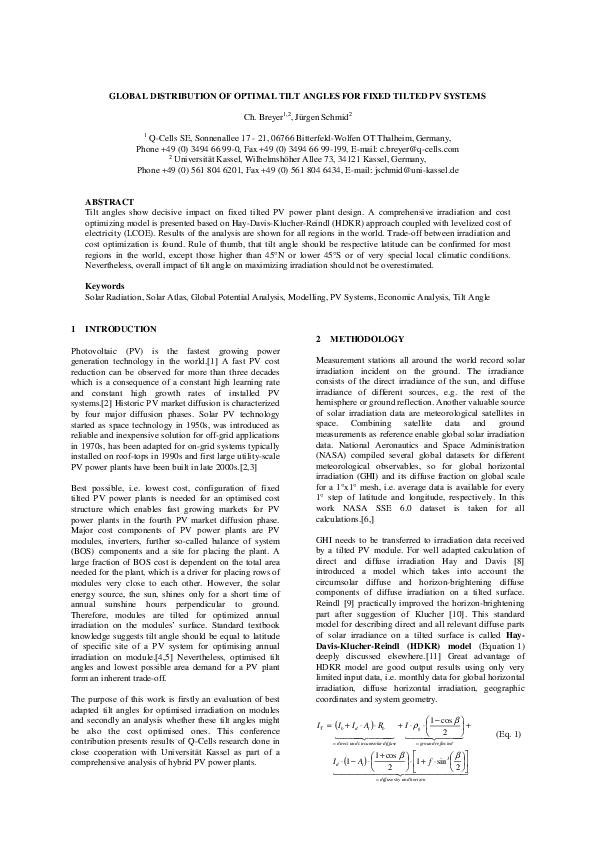(PDF) GLOBAL DISTRIBUTION OF OPTIMAL TILT ANGLES FOR FIXED TILTED PV SYSTEMS