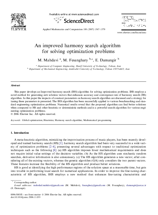 (PDF) An improved harmony search algorithm for solving optimization problems