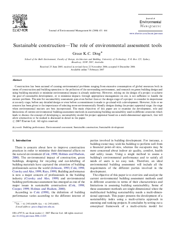 (PDF) Sustainable construction—The role of environmental assessment tools