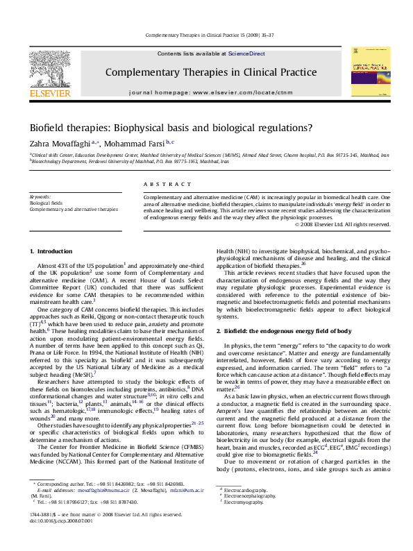 (PDF) Biofield therapies: Biophysical basis and biological regulations