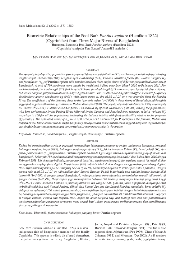 (PDF) Biometric Relationships of the Pool Barb Puntius sophore ...