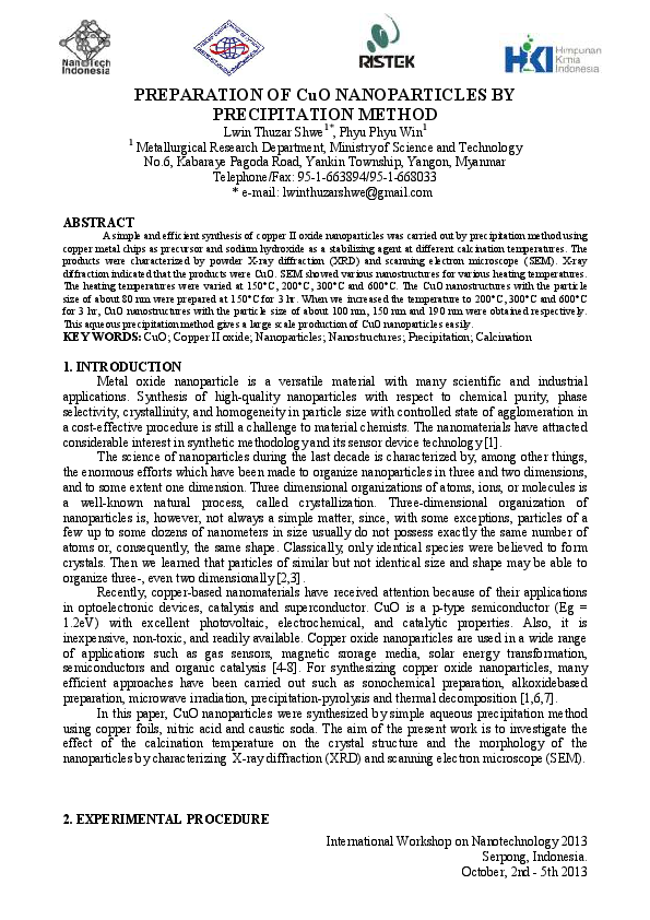 (PDF) PREPARATION OF CuO NANOPARTICLES BY PRECIPITATION METHOD
