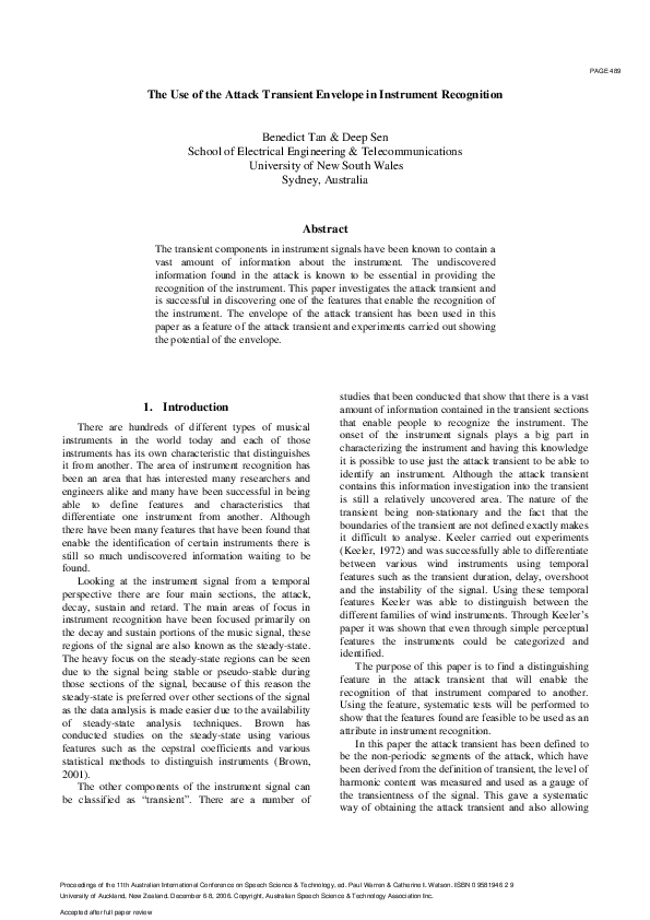 (PDF) The Use of the Attack Transient Envelope in Instrument Recognition