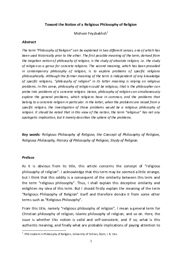(PDF) Toward the Notion of a Religious Philosophy of Religion (Lecture ...