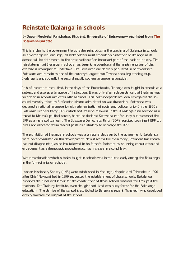 (DOC) REINSTATE IKALANGA IN SCHOOLS
