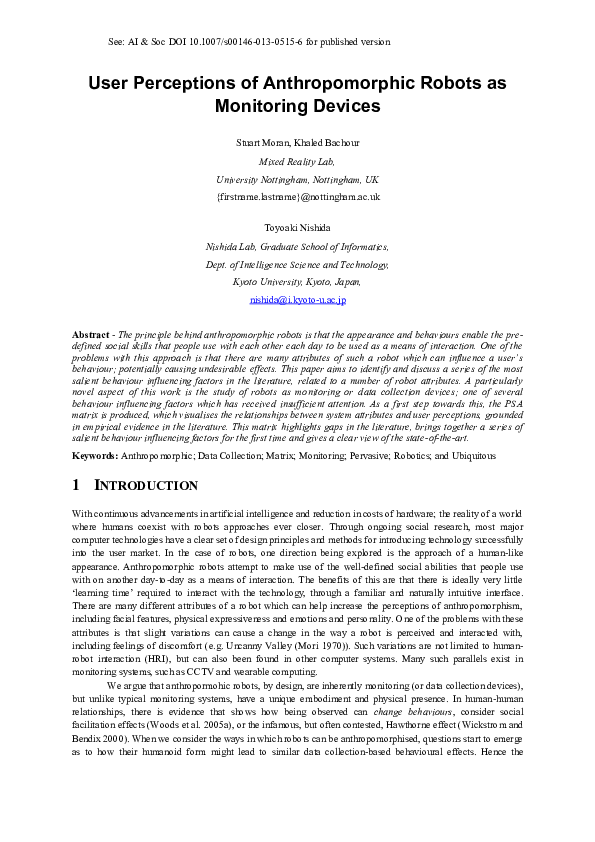 (PDF) 2013: User Perceptions of Anthropomorphic Robots as Monitoring Devices