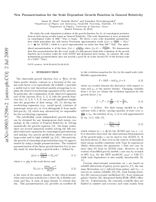 Pdf New Parametrization For The Scale Dependent Growth Function In