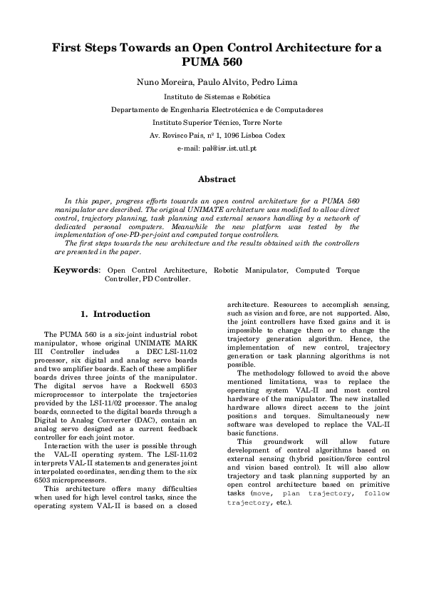 (PDF) First Steps Towards an Open Control Architecture for a PUMA 560
