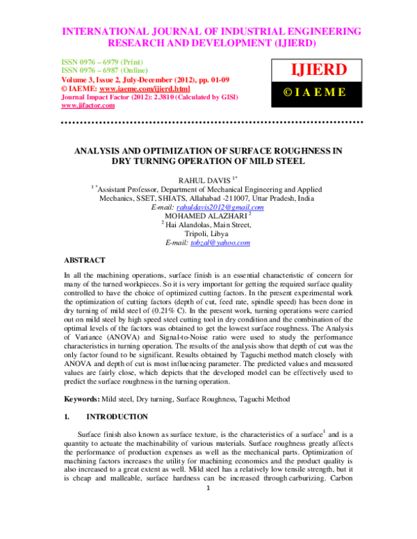 Pdf Analysis And Optimization Of Surface Roughness In Dry Turning Operation Of Mild Steel