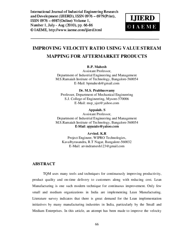 (PDF) IMPROVING VELOCITY RATIO USING VALUE STREAM MAPPING FOR ...