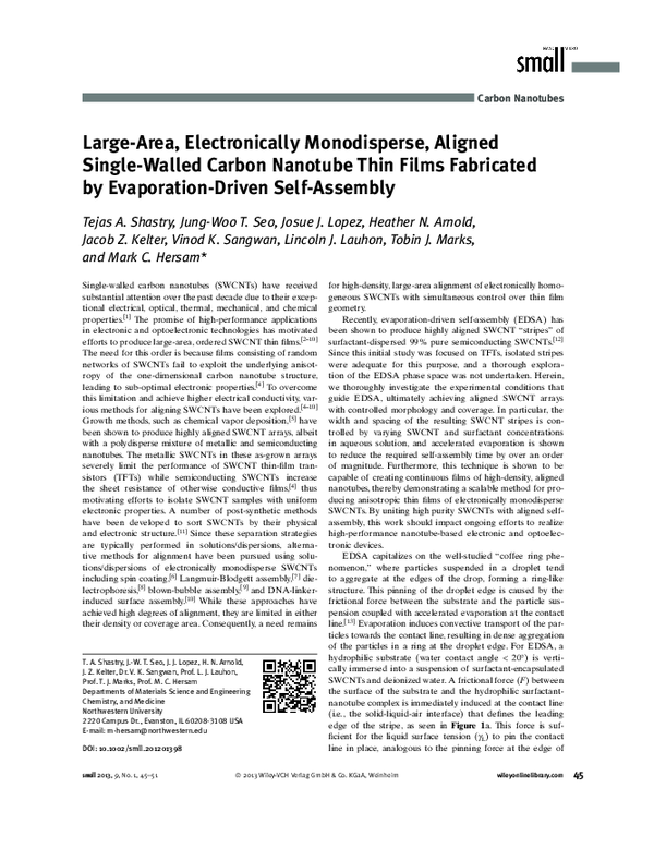(PDF) Large-Area, Electronically Monodisperse, Aligned Single-Walled ...
