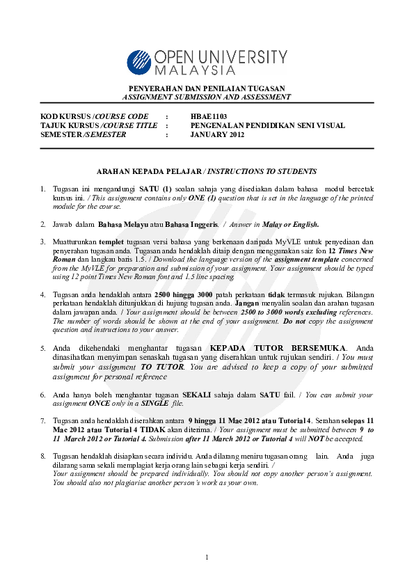 (DOC) PENYERAHAN DAN PENILAIAN TUGASAN ASSIGNMENT SUBMISSION AND ASSESSMENT KOD KURSUS /COURSE ...