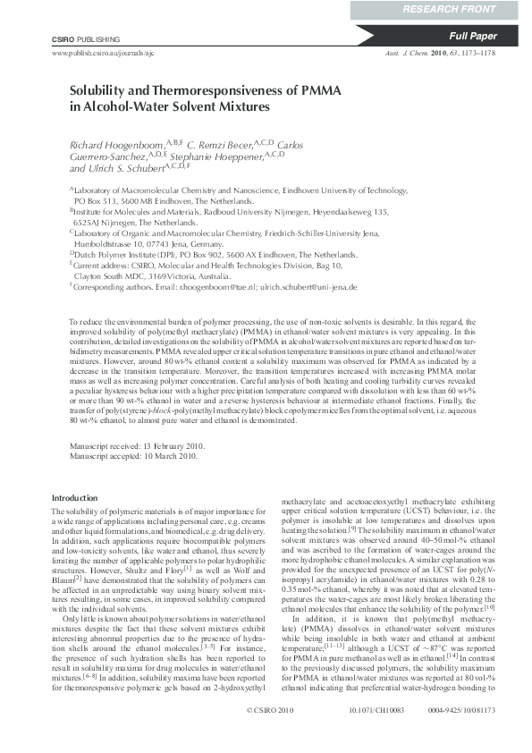 (PDF) Solubility and Thermoresponsiveness of PMMA in Alcohol-Water ...