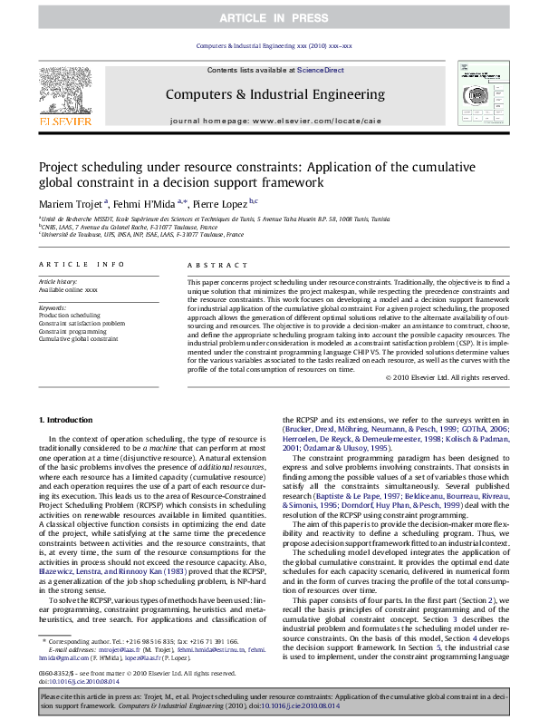 (PDF) Project scheduling under resource constraints: Application of the cumulative global ...