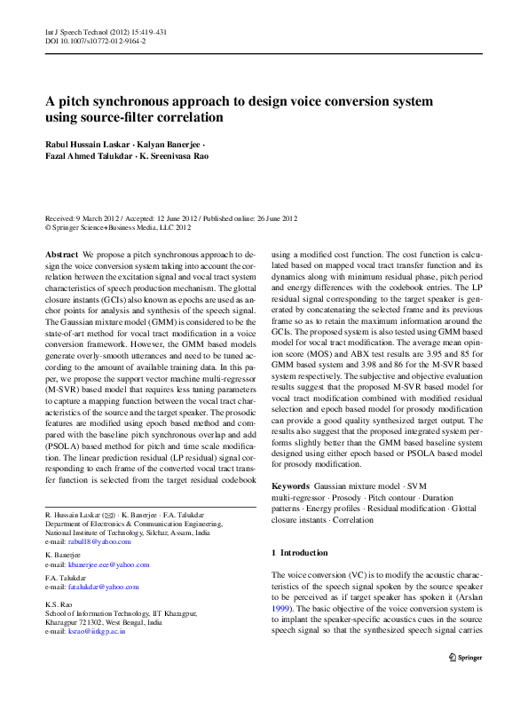 Pdf A Pitch Synchronous Approach To Design Voice Conversion System Using Source Filter Correlation