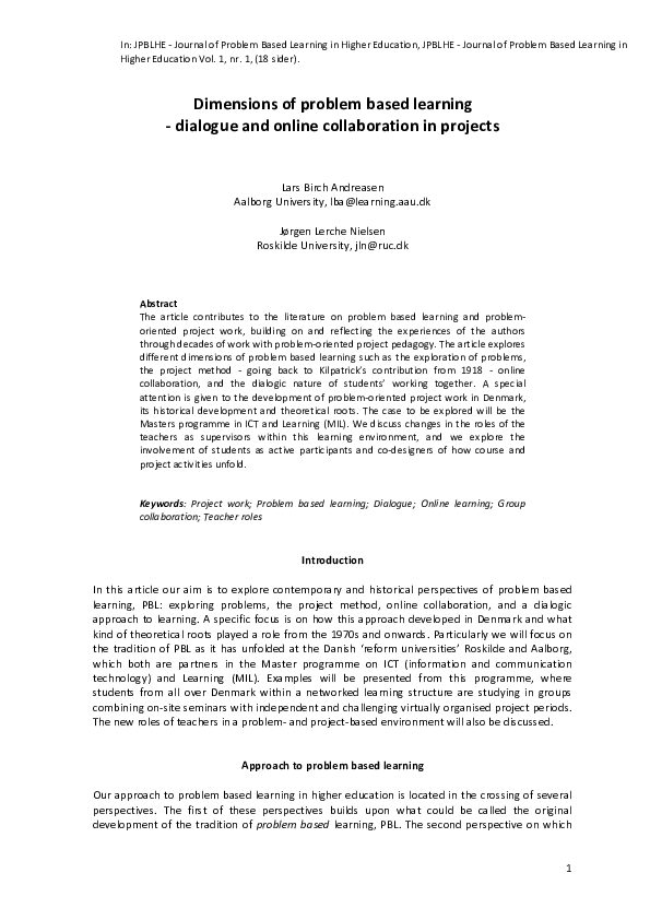 (PDF) Dimensions of problem based learning -­‐ dialogue and online collaboration in projects