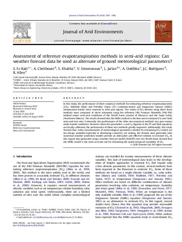 Pdf Assessment Of Reference Evapotranspiration Methods In Semi Arid Regions Can Weather