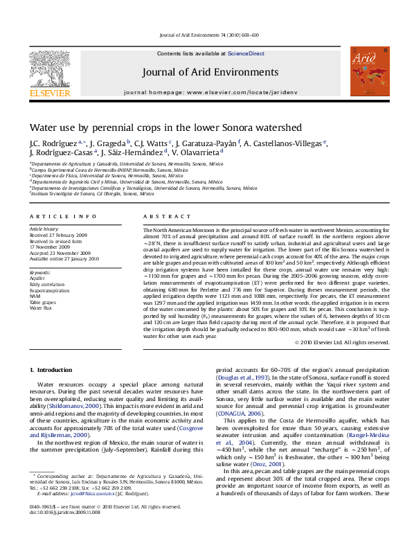 (PDF) Water use by perennial crops in the lower Sonora watershed